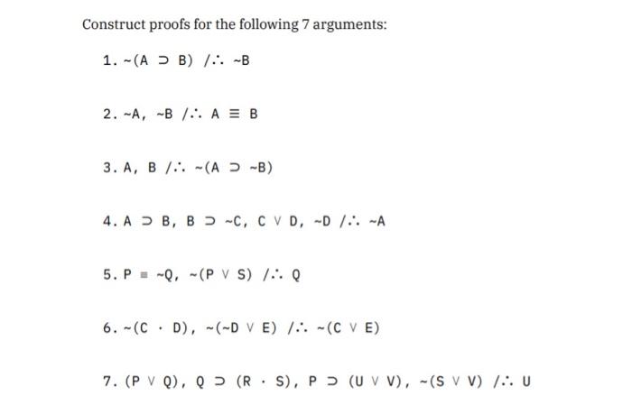 Solved Construct proofs for the following 7 arguments: 1.-(A | Chegg.com