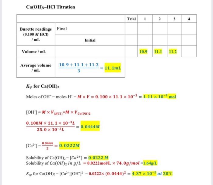 Solved Ca(OH)2-HCI Titration Trial 1 2 3 4 Burette readings | Chegg.com