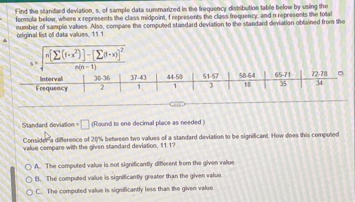 Solved Find the standard deviation, s, of sample data | Chegg.com