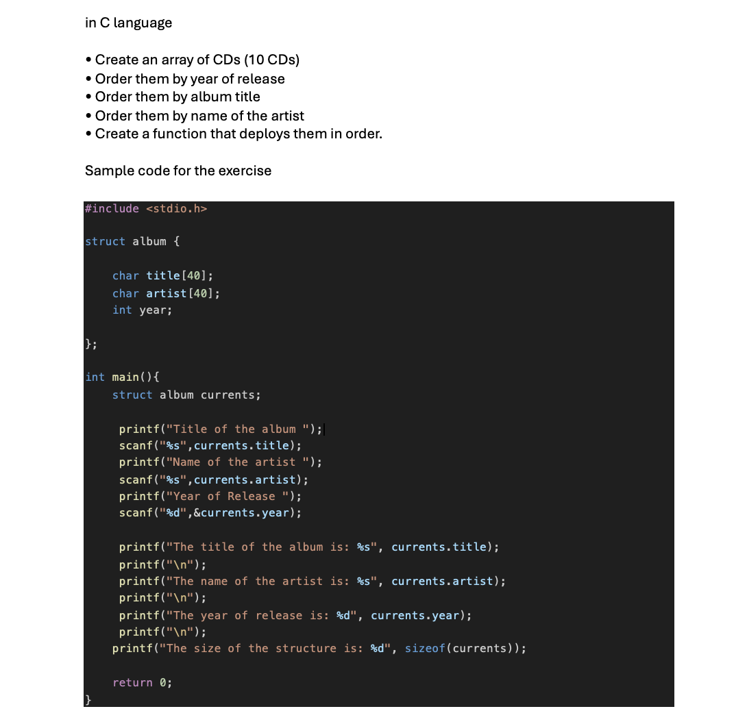 Solved in C language• ﻿Create an array of CDs (10 ﻿CDs) ﻿• | Chegg.com