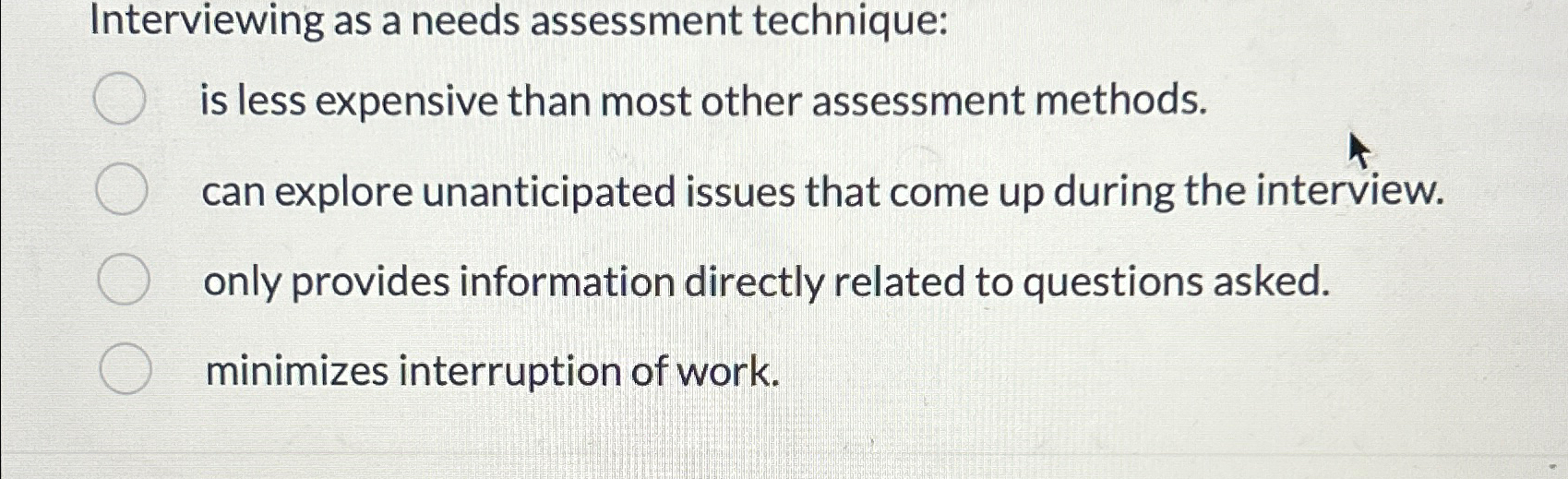 Solved Interviewing as a needs assessment technique:is less | Chegg.com