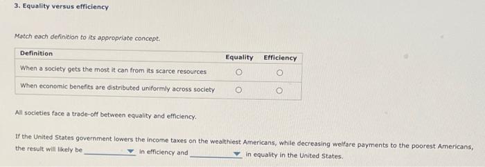 Solved 3. Equality versus efficiency Match each definition | Chegg.com