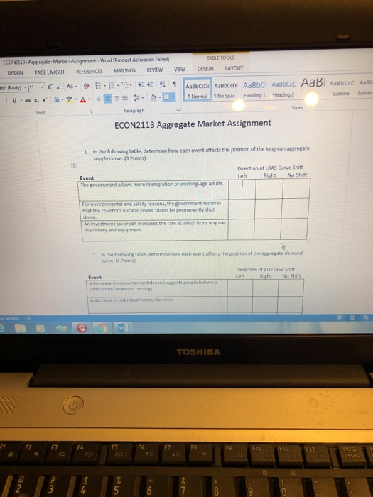 Solved TABLE TOOLS ECON113Aggregate Market Assignment Word | Chegg.com