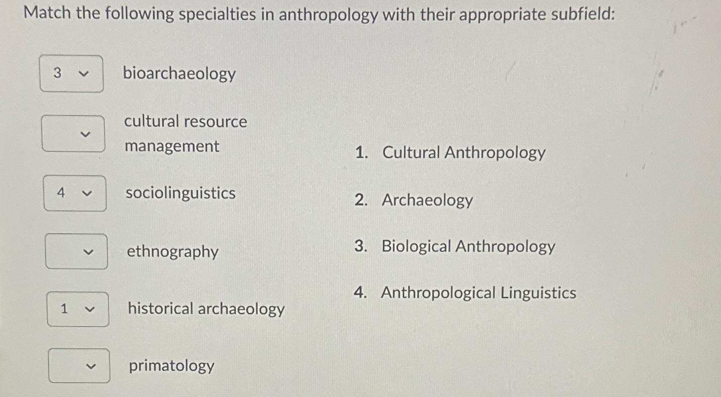 Solved Match the following specialties in anthropology with | Chegg.com