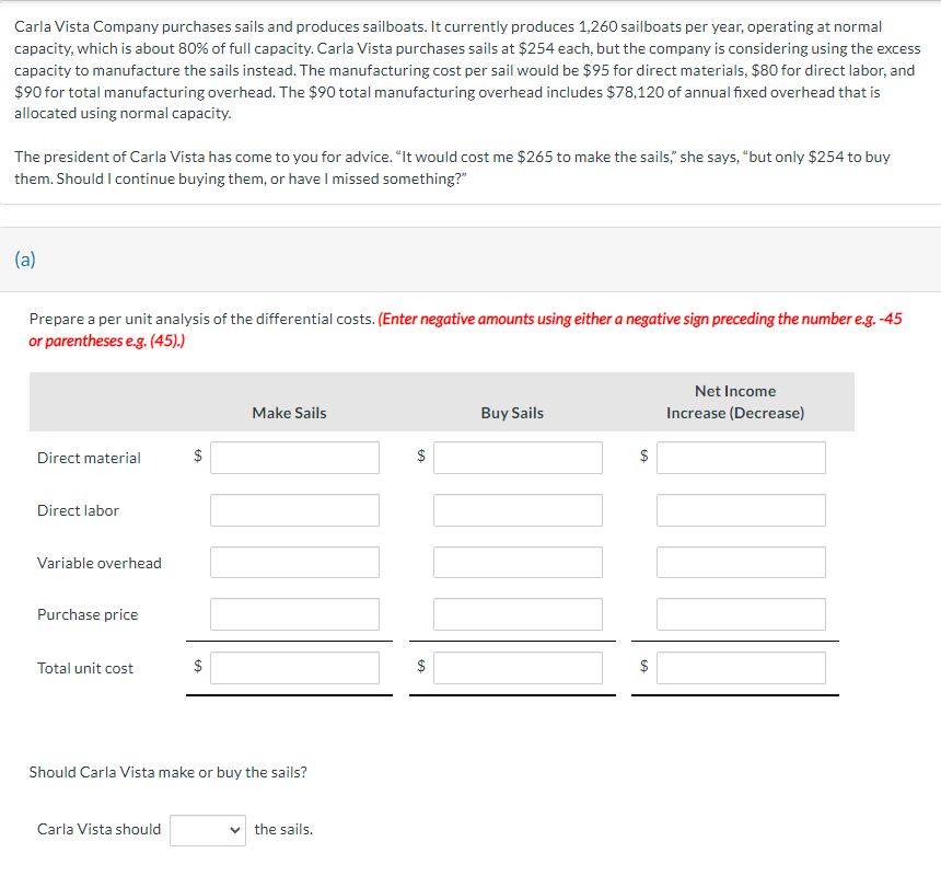 Solved Carla Vista Company purchases sails and produces | Chegg.com