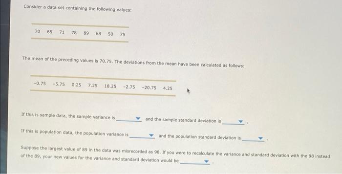 Solved Consider a data set containing the following values: | Chegg.com