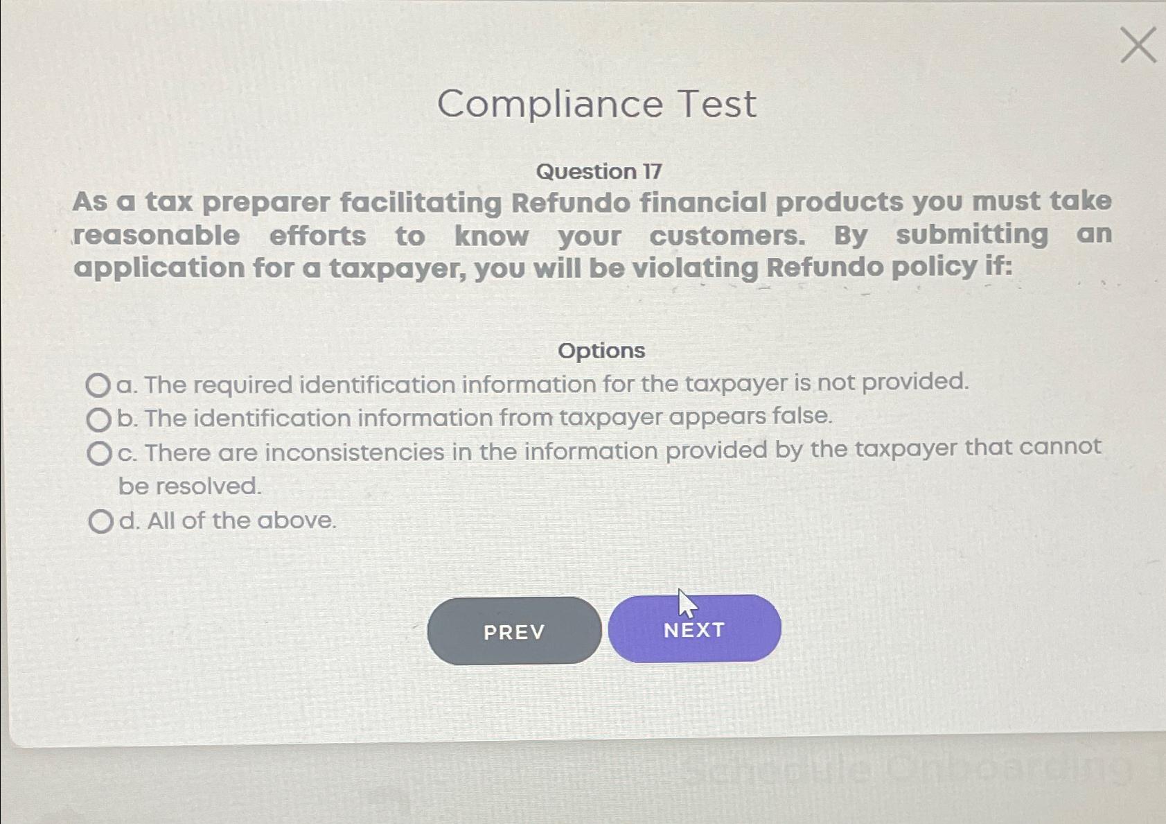 Solved Compliance TestQuestion 17As a tax preparer | Chegg.com