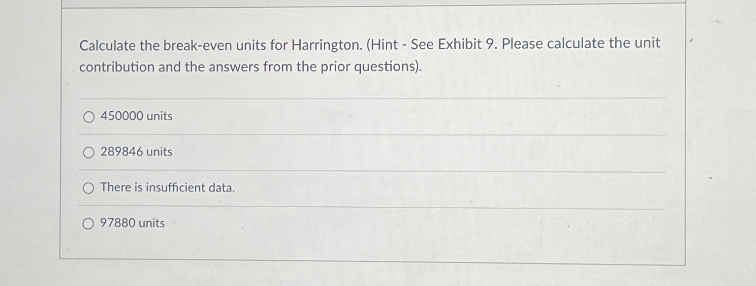 Solved Calculate the break-even units for Harrington. (Hint | Chegg.com