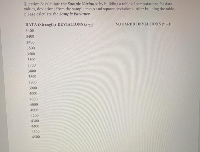 Solved Question 6: calculate the Sample Variance by building | Chegg.com