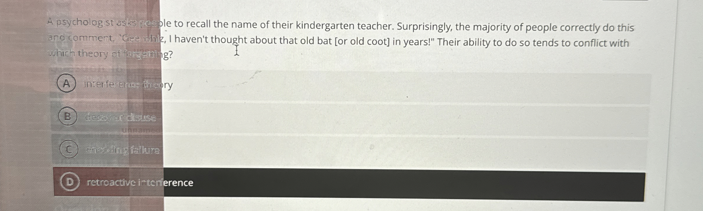 Solved A psychologist asks feople to recall the name of | Chegg.com