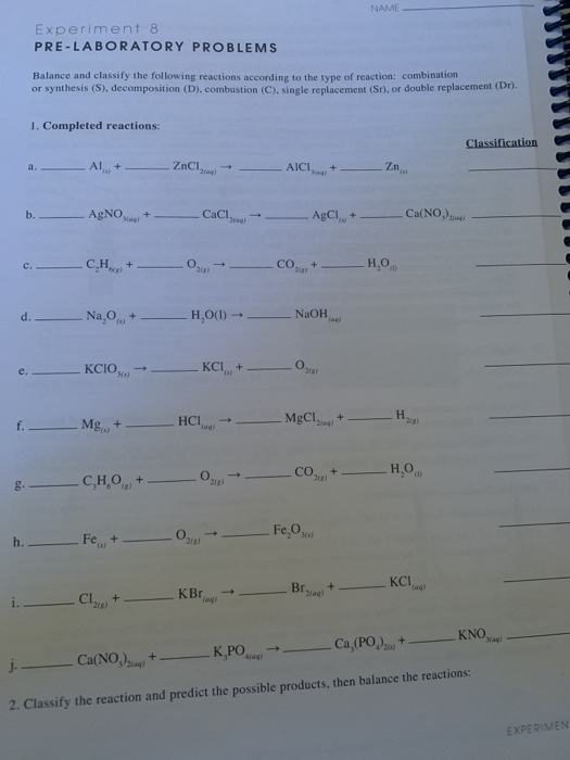 Solved NAME Experiment 8 PRE-LABORATORY PROBLEMS Balance and | Chegg.com