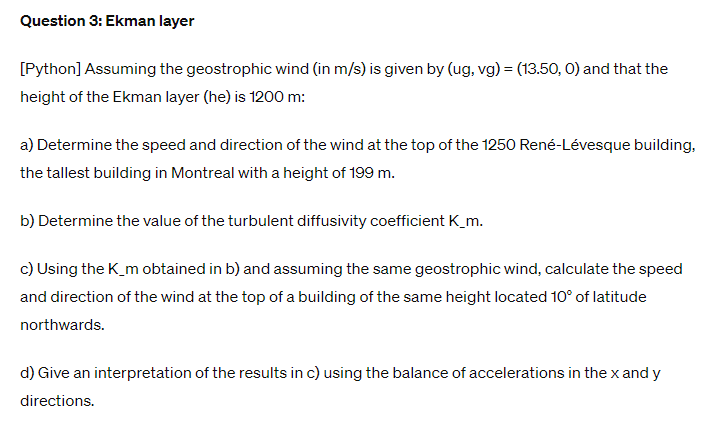 Question 3: Ekman layer[Python] ﻿Assuming the | Chegg.com
