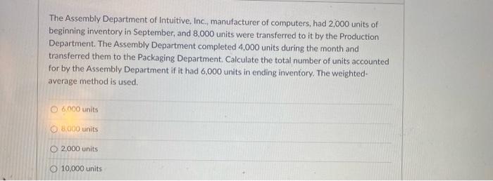 Solved The Assembly Department of Intuitive, Inc., | Chegg.com