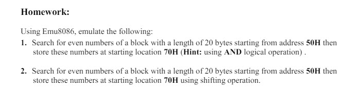 Solved Homework:Using Emu8086, ﻿emulate the following:1. | Chegg.com
