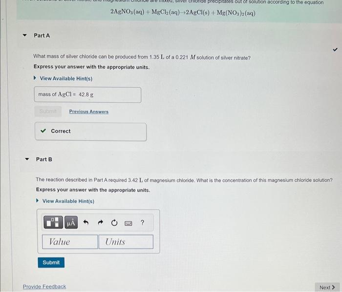 Solved 2AgNO3(aq)+MgCl2(aq)→2AgCl(s)+Mg(NO3)2(aq) PartA What | Chegg.com