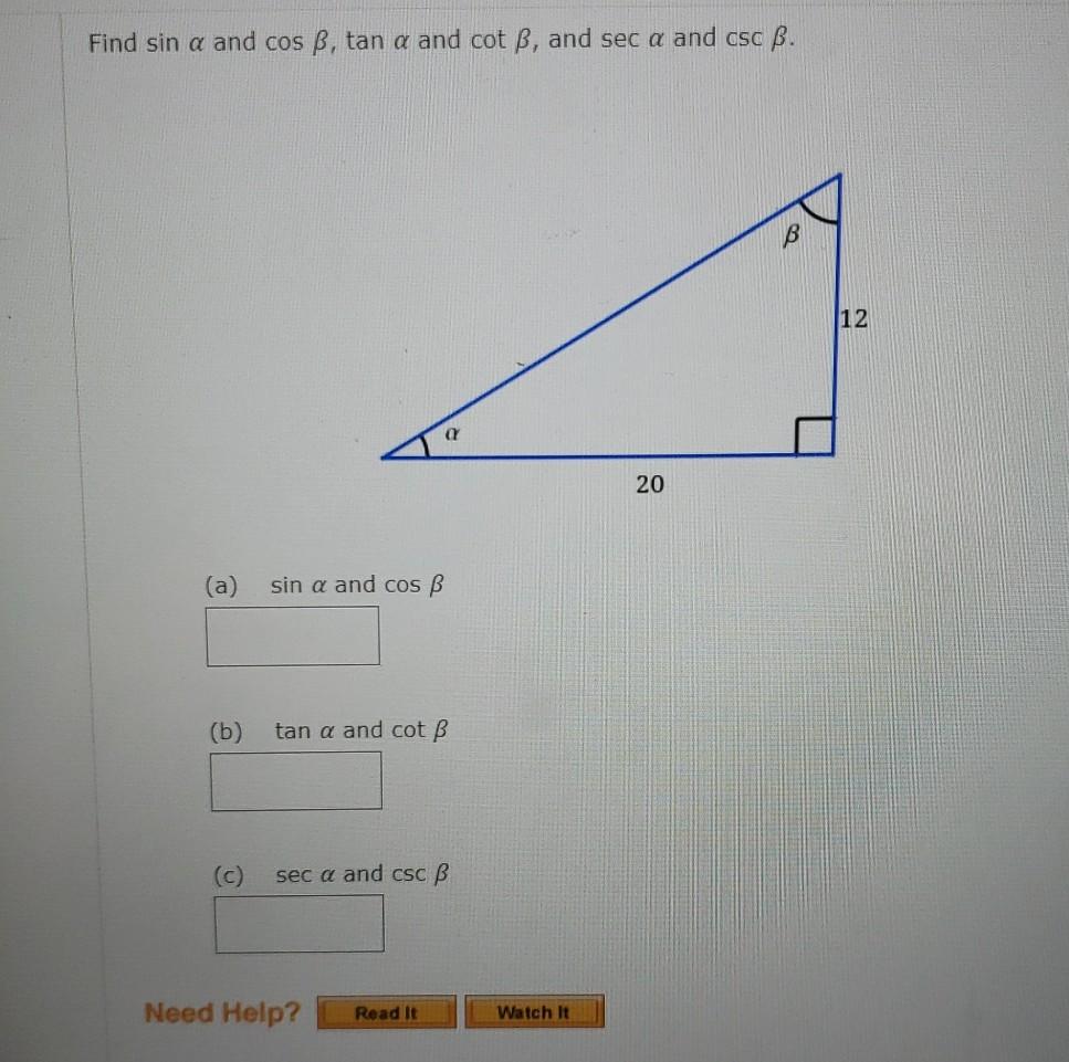 Solved Find sin a and cos B, tan a and cot B, and sec a and | Chegg.com