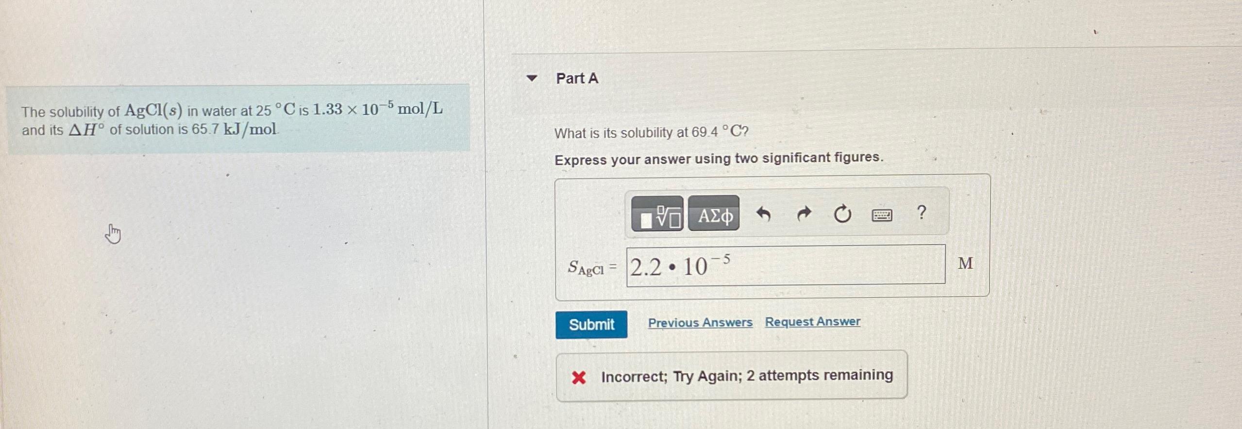Solved The solubility of AgCl(s) ﻿in water at 25°C ﻿is | Chegg.com