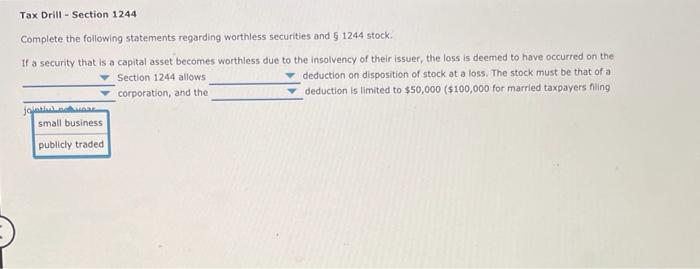 Solved Tax Drill - Section 1244 Complete the following | Chegg.com