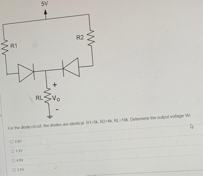 Solved 5V R2 R1 + RL Vo For the diode circuit, the diodes | Chegg.com