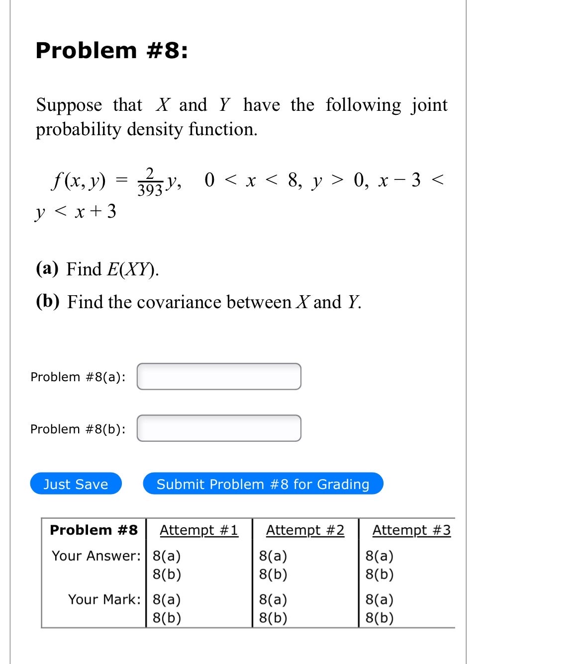 Solved Problem #8:Suppose that x ﻿and Y ﻿have the following | Chegg.com
