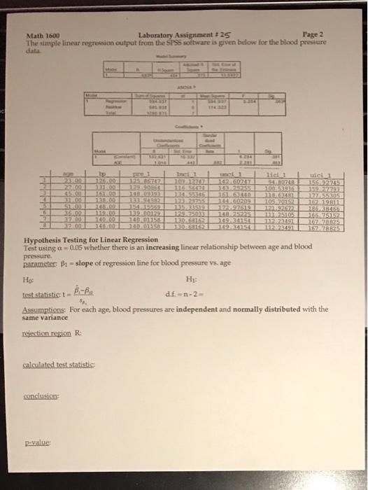 Math 1600 Laboratory Assignment #25 The simple linear | Chegg.com