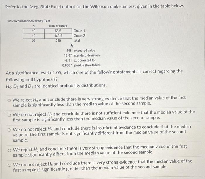 Solved Refer to the MegaStat/Excel output for the Wilcoxon | Chegg.com