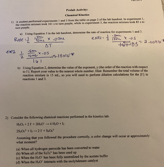 Prelab Activity: Chemical Kinetics 1) A student | Chegg.com