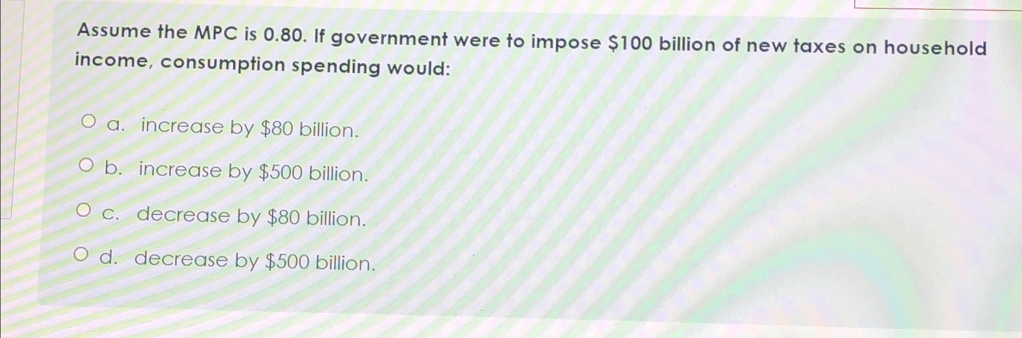 Solved Assume the MPC is 0.80. ﻿If government were to impose | Chegg.com