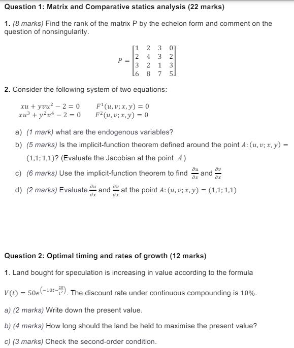 Solved Question 1: Matrix and Comparative statics analysis | Chegg.com