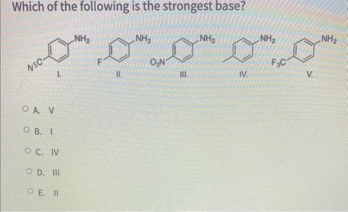 Solved Which of the following is the strongest base? A. V B. | Chegg.com