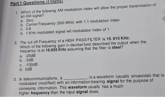 Solved 1 Which Of The Following Am Modulation Index Will