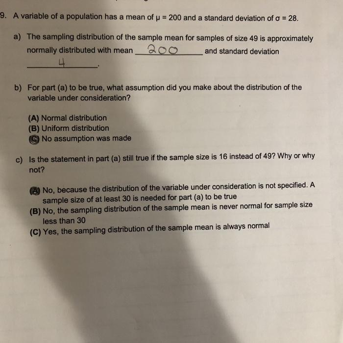 Solved 9. A variable of a population has a mean of u 200 and | Chegg.com