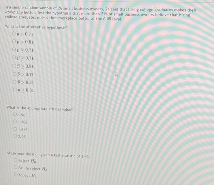 Solved In a simple random sample of 26 small business | Chegg.com