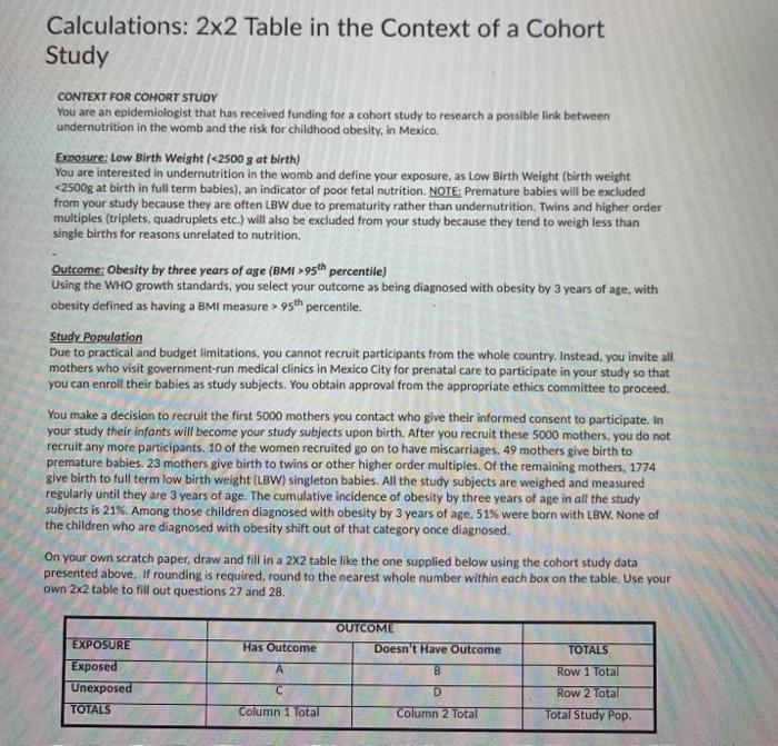 Solved Calculations: 2x2 Table in the context of a Cohort | Chegg.com