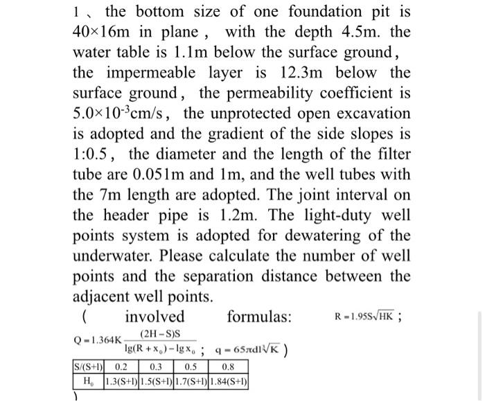 Solved 1 the bottom size of one foundation pit is 40x16m in | Chegg.com
