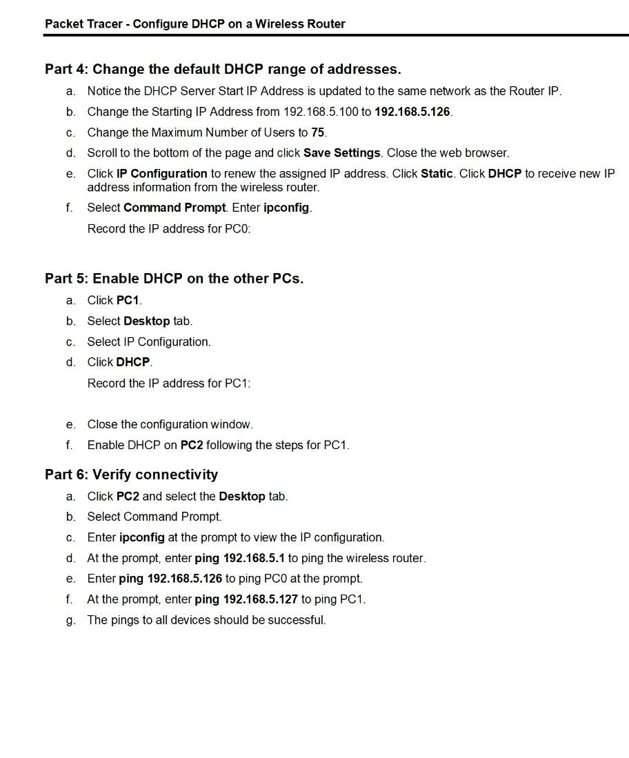 Solved Packet Tracer - Configure DHCP on a Wireless Router . | Chegg.com