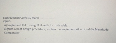 Solved Each question Carrie 10 ﻿marksQNOS.A) ﻿Implement D-FF | Chegg.com