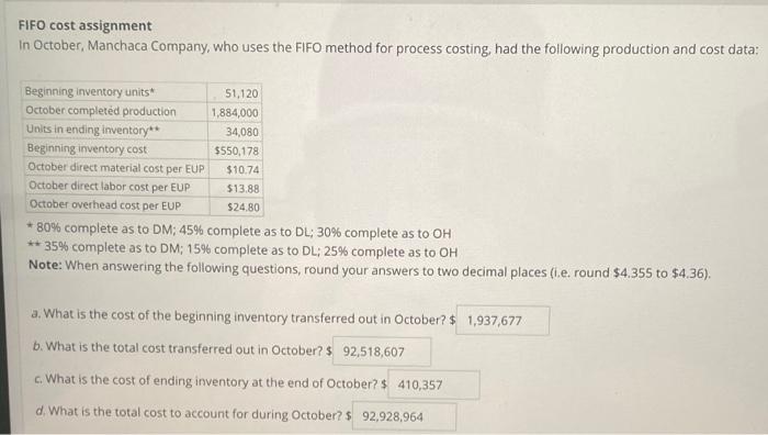 Solved FIFO cost assignment In October, Manchaca Company, | Chegg.com