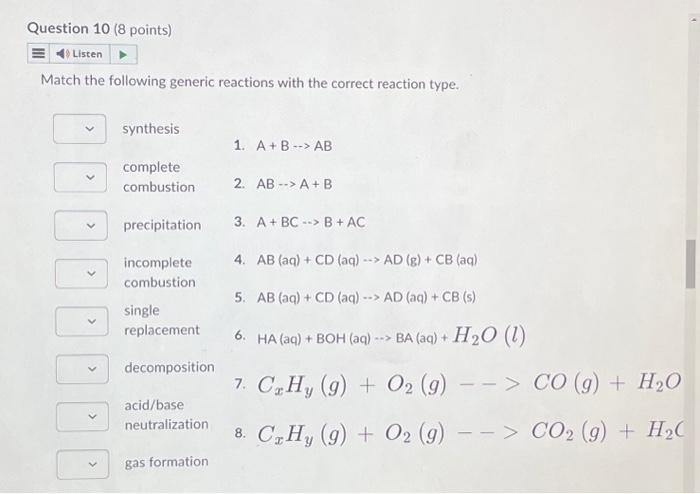 Solved Match the following generic reactions with the | Chegg.com