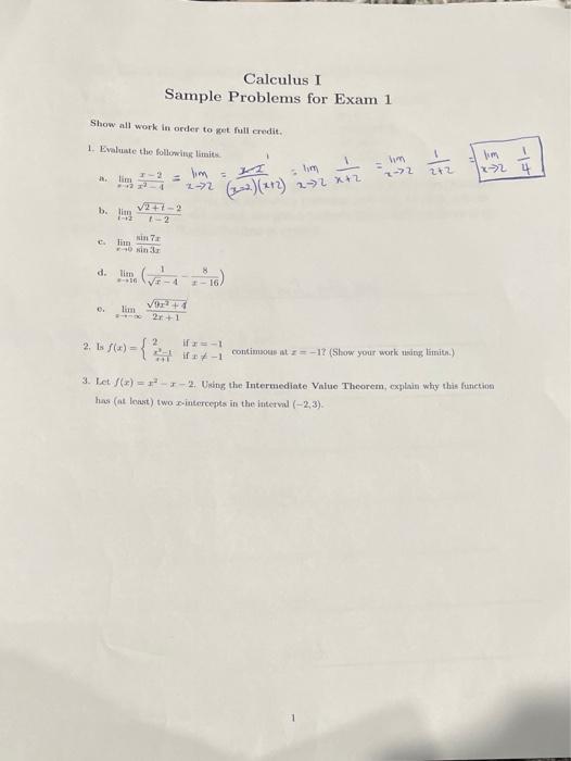 Solved Calculus 1 Sample Problems For Exam 1 Show All Work