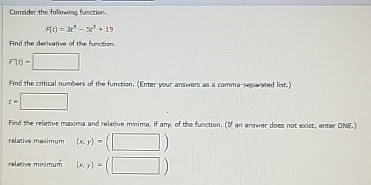 Solved Consider the following function.F(t)=3t3-5t3+19Find | Chegg.com