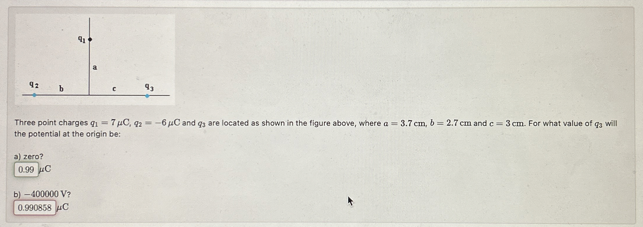 Solved Three point charges q1=7μC,q2=-6μC ﻿and q3 ﻿are | Chegg.com