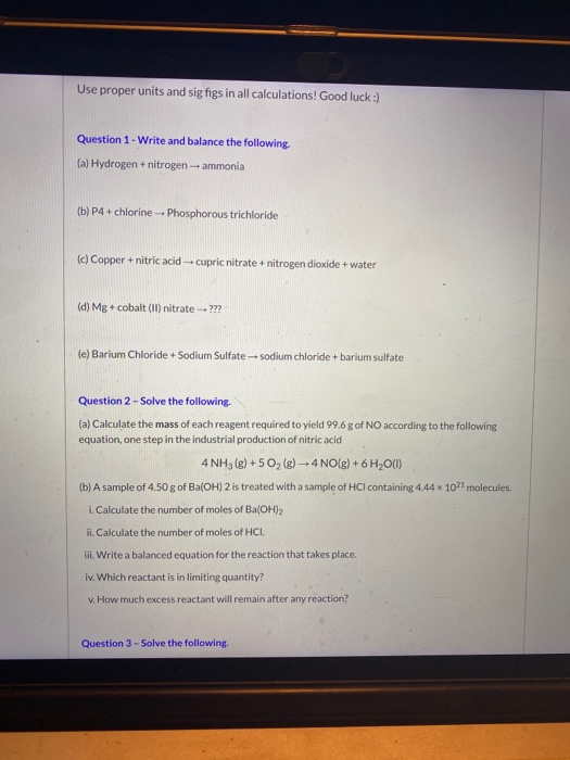 Solved Use proper units and sig figs in all calculations! | Chegg.com