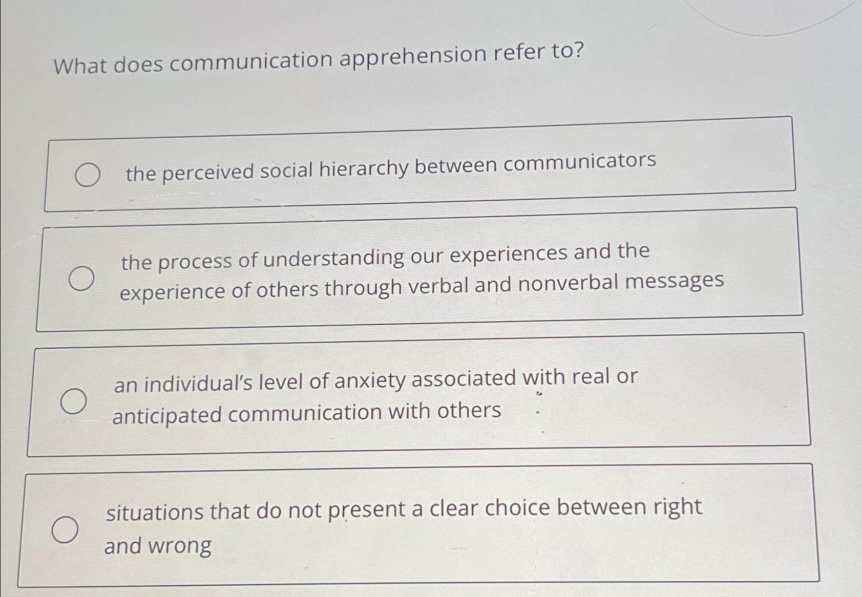Solved What does communication apprehension refer to?the | Chegg.com