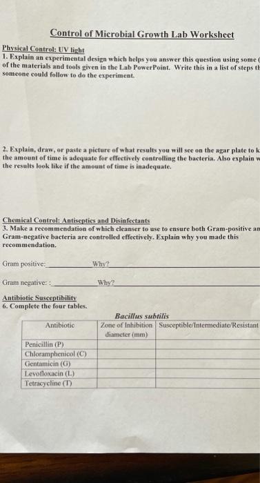 Solved Control of Microbial Growth Lab Worksheet Physical | Chegg.com