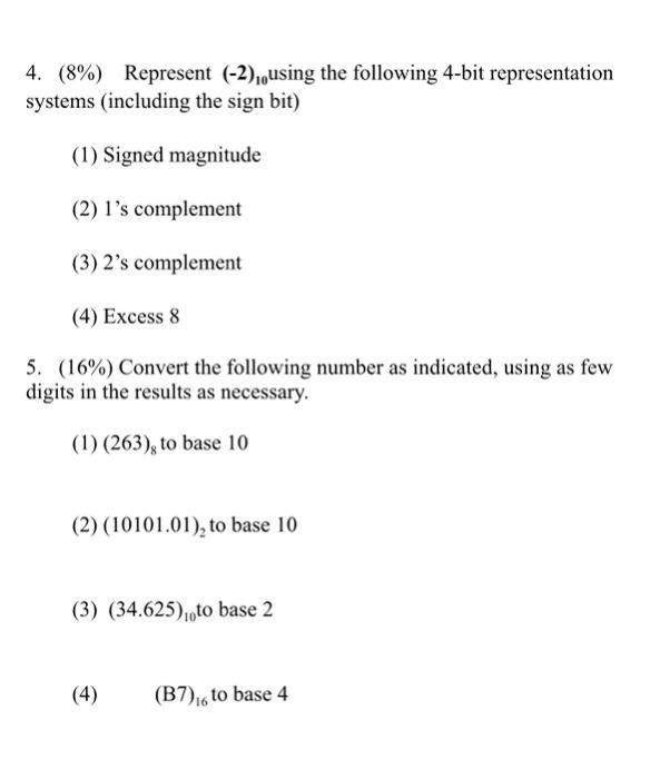 Solved 4. (8%) Represent (-2), using the following 4-bit | Chegg.com