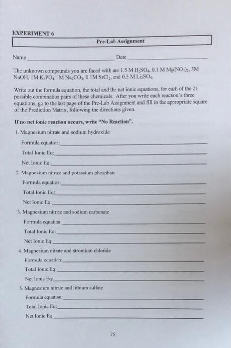 Solved EXPERIMENT 6 Pre-Lab Assignment Name Date The unknown | Chegg.com