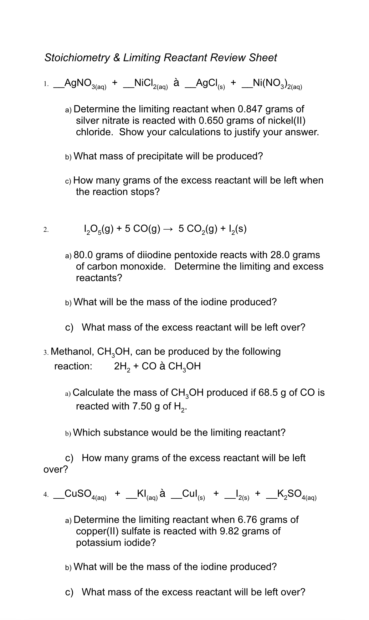 Solved Stoichiometry & Limiting Reactant Review | Chegg.com