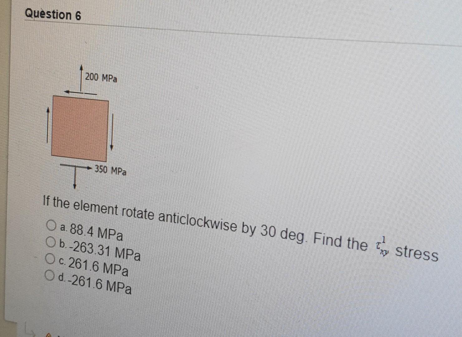 Solved Question 6 200 MPa 350 MPa T If the element rotate | Chegg.com
