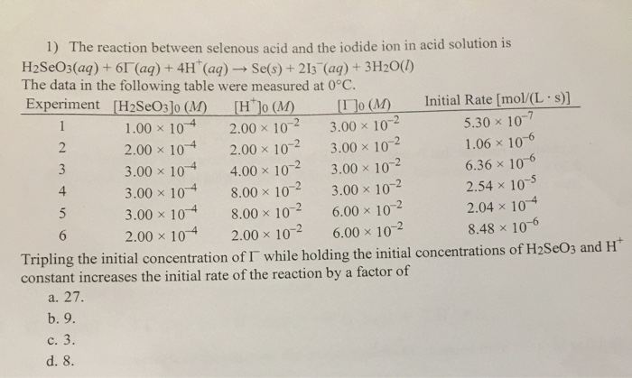 Solved 1) The reaction between selenous acid and the iodide | Chegg.com
